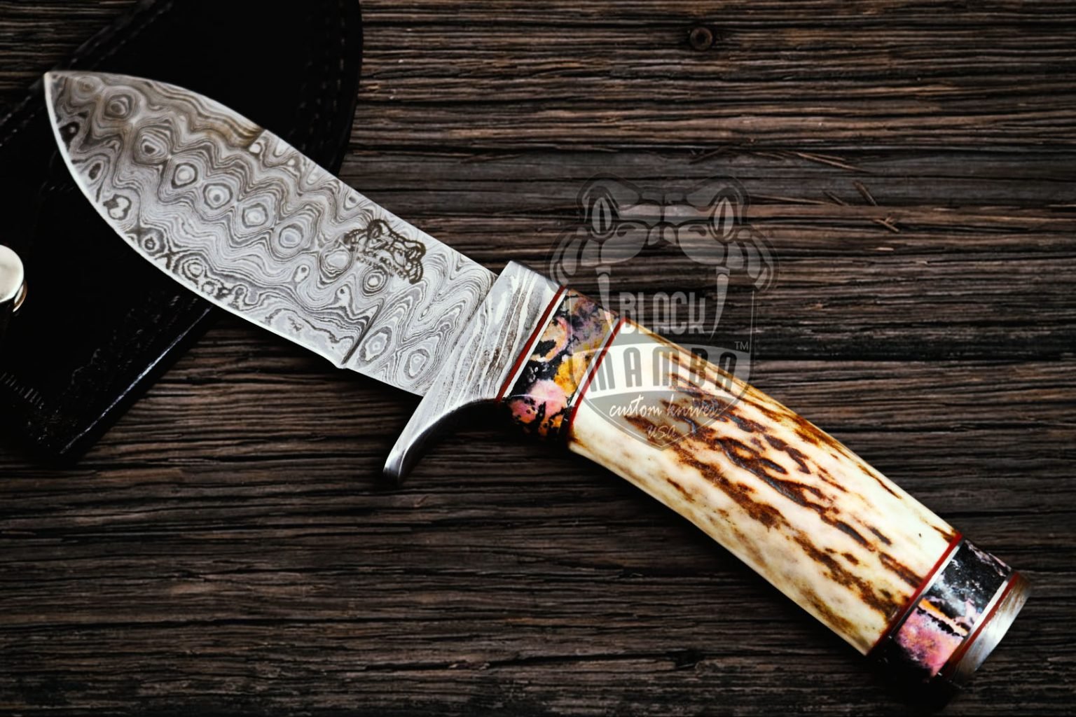 BMK-111-R PERSIAN YUMA Deer Antler Damascus knife RHODONITE