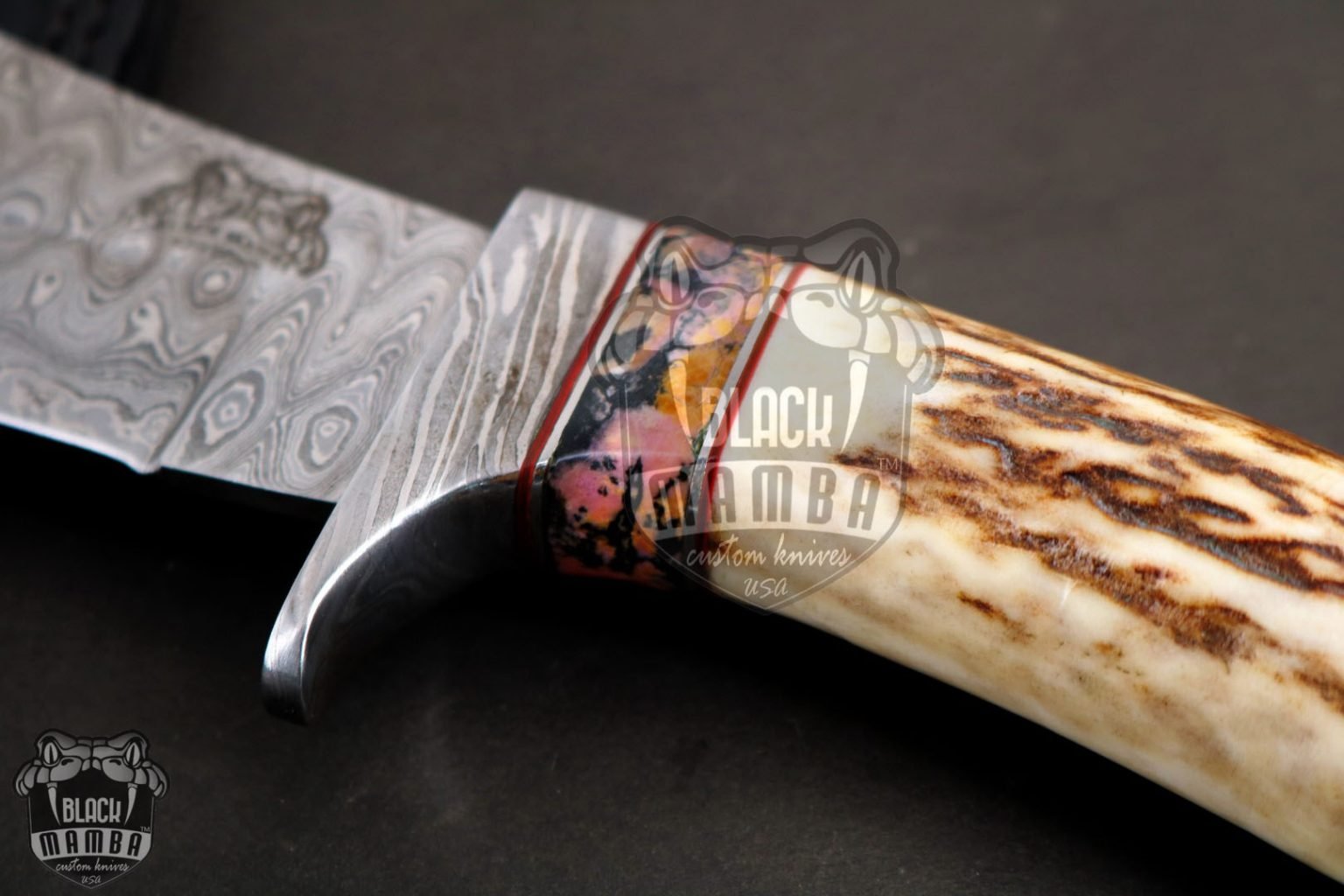 BMK-111-R PERSIAN YUMA Deer Antler Damascus knife RHODONITE