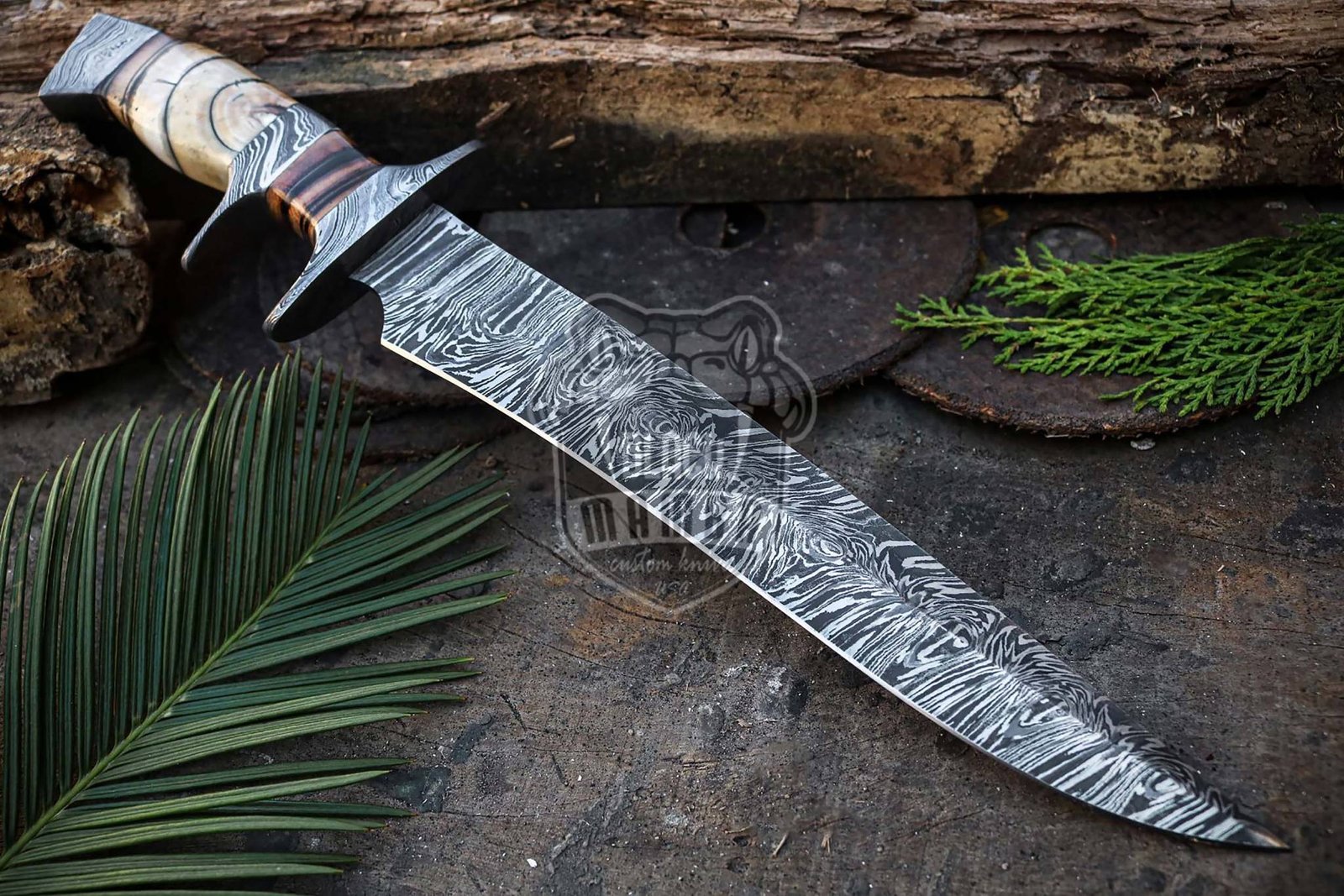 Bmk-130 Damascus Bowie Knife Fifteen Thousand Year Old Fossil Handle